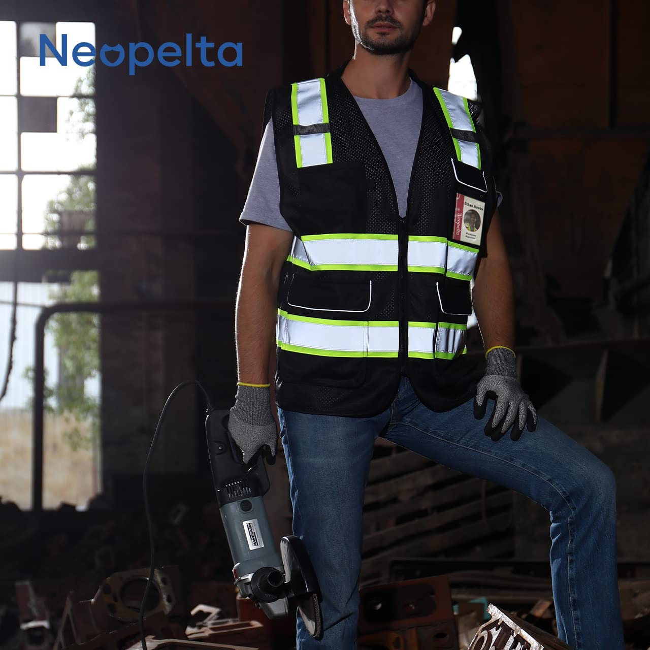 Neopelta Reflective Safety Vest Black Mesh, High Visibility Vest with Pockets and Zipper, Padded Neck, Black with Yellow Trim L