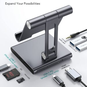 ESR 8-in-1 Portable Stand Hub, USB C Hub with Adjustable Stand, 100W PD Charging, 2 USB 3.0 Ports, 4K HDMI, 3.5-mm Jack, SD/microSD Card Slots, Compatible with iPad 10, iPad Pro, and Other USB-C iPads