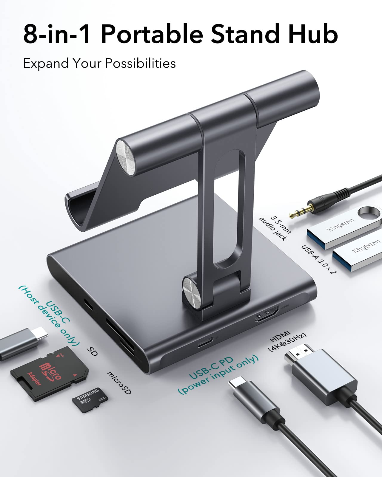 ESR 8-in-1 Portable Stand Hub, USB C Hub with Adjustable Stand, 100W PD Charging, 2 USB 3.0 Ports, 4K HDMI, 3.5-mm Jack, SD/microSD Card Slots, Compatible with iPad 10, iPad Pro, and Other USB-C iPads