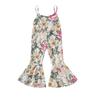 emmababy toddler girl bell bottom romper baby floral suspender pants ribbed jumpsuit backless flare overalls summer playsuit(floral,12-18 months)