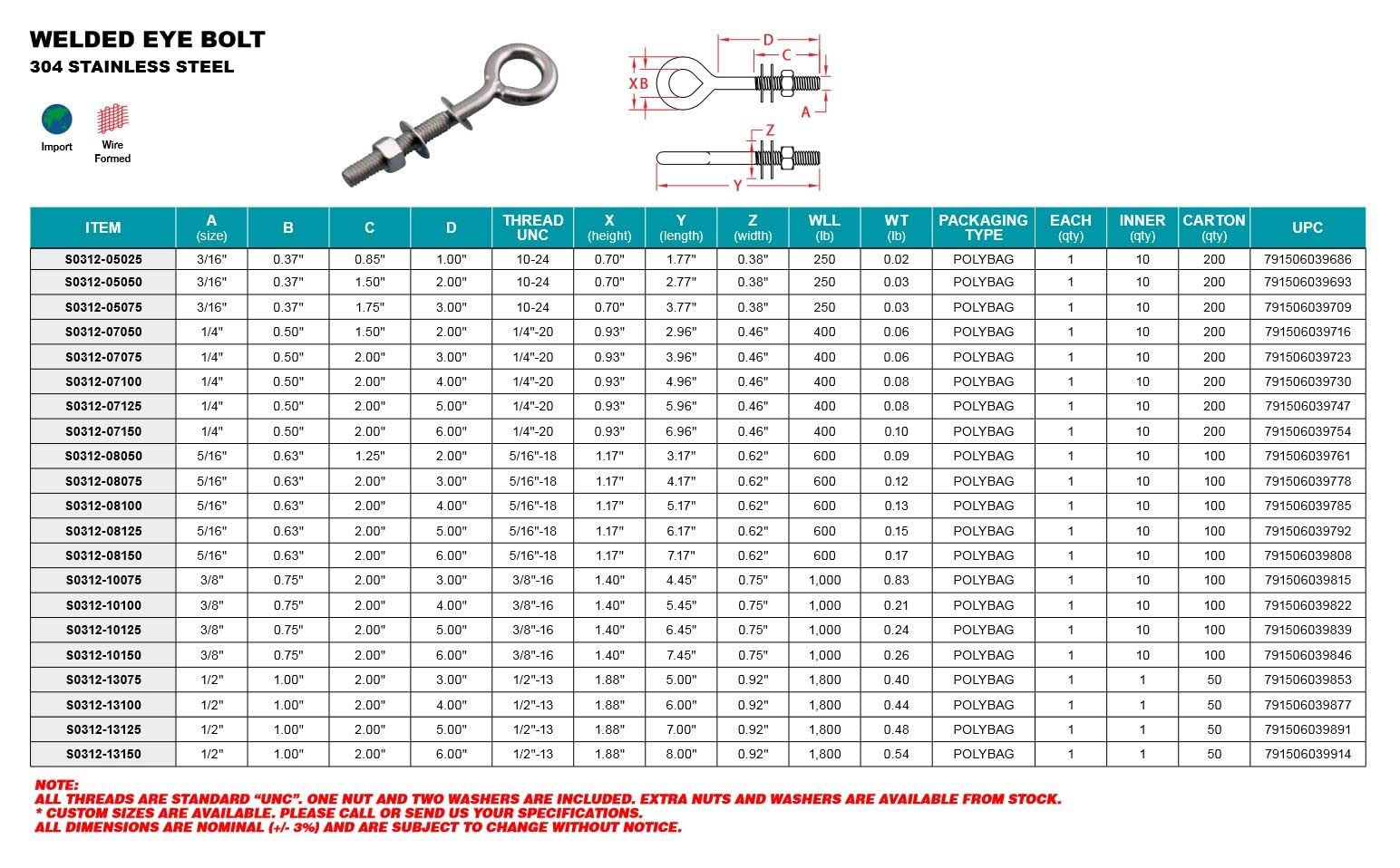 WELDED EYE BOLT 304 STAINLESS STEEL 1/4" X 6" (S0312-07150)