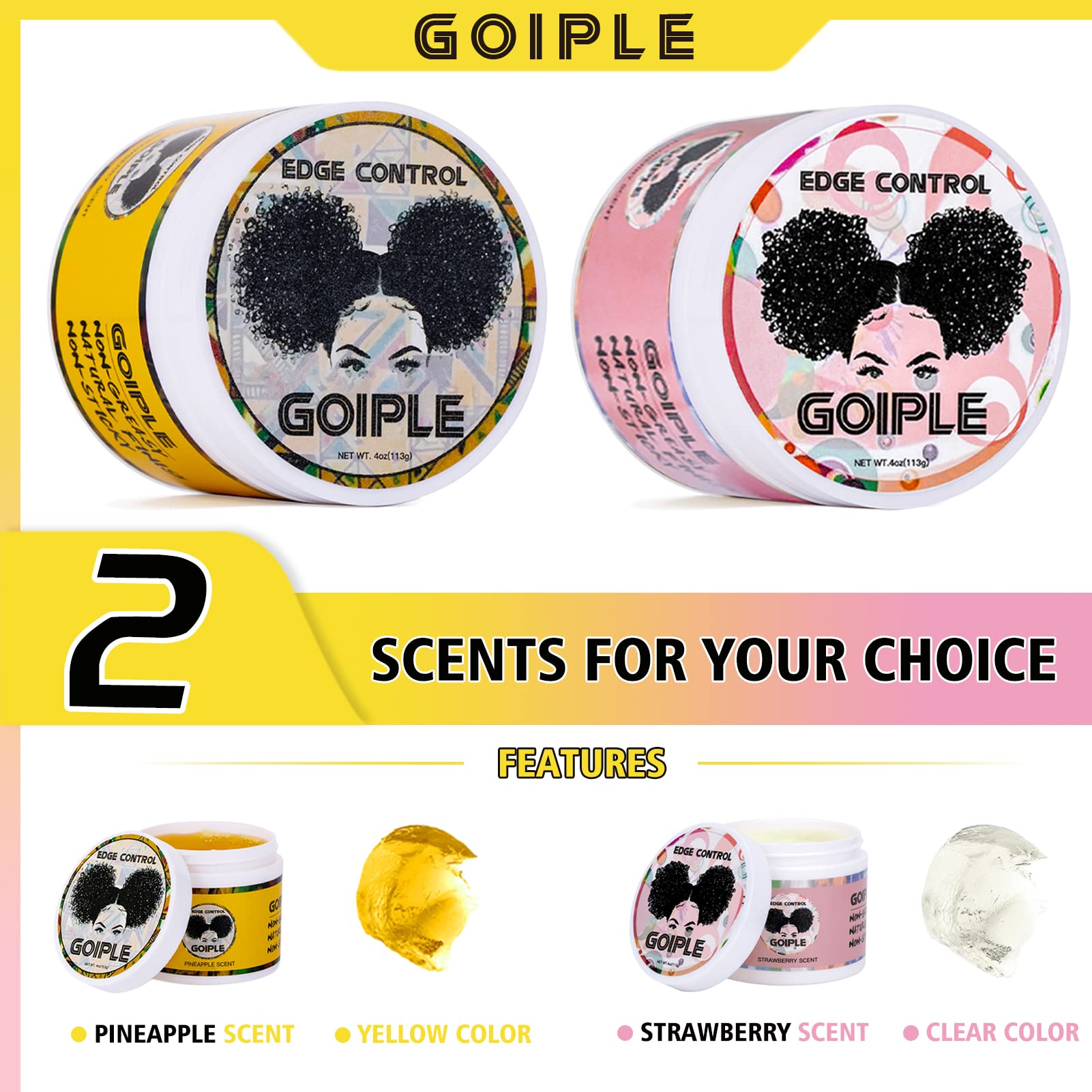 Goiple Edge Control Wax for Women Strong Hold Non-greasy Edge Smoother Pink 1Pack and Yellow 1Pack 4oz with Brush 2Pcs and Scarf