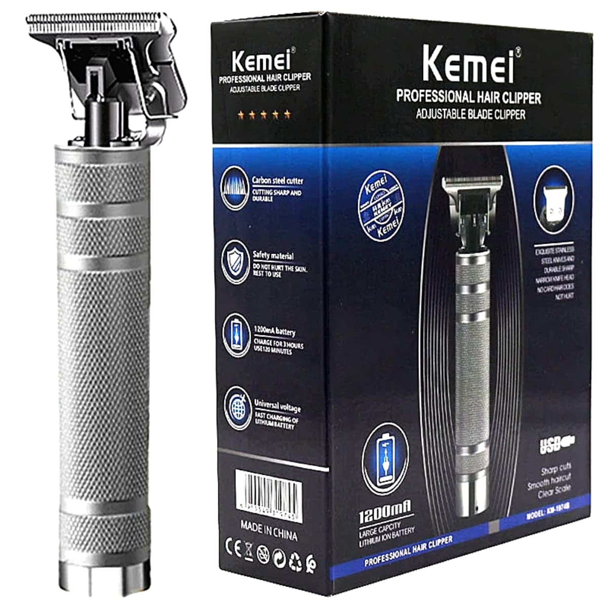 KEMEI Professional Cordless Hair Clippers Rechargeable T Shape Stainless Steel Electric Shaver (Color Silver)