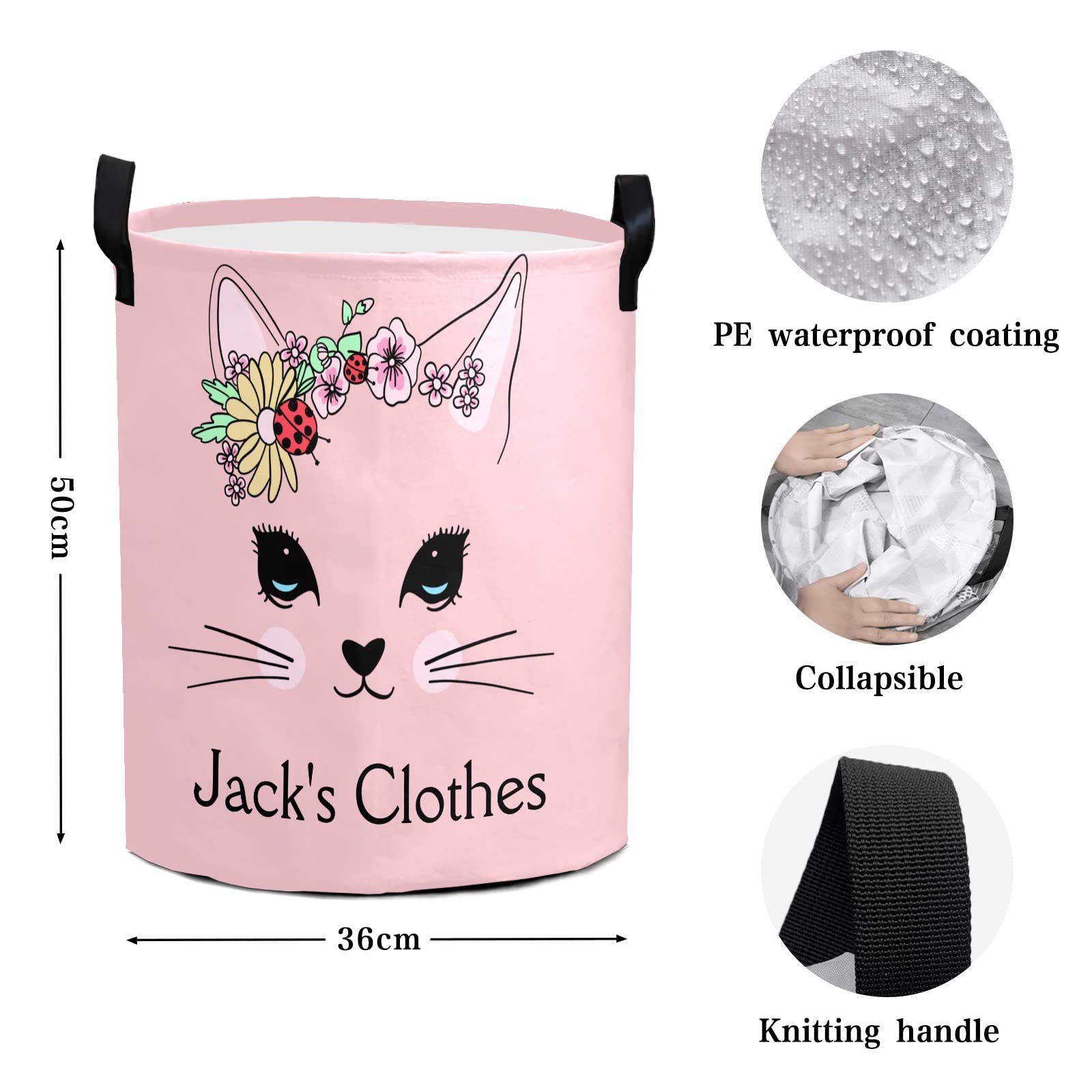 Cute Cat Personalized Freestanding Laundry Hamper, Custom Waterproof Collapsible Drawstring Basket Storage Bins with Handle for Clothes