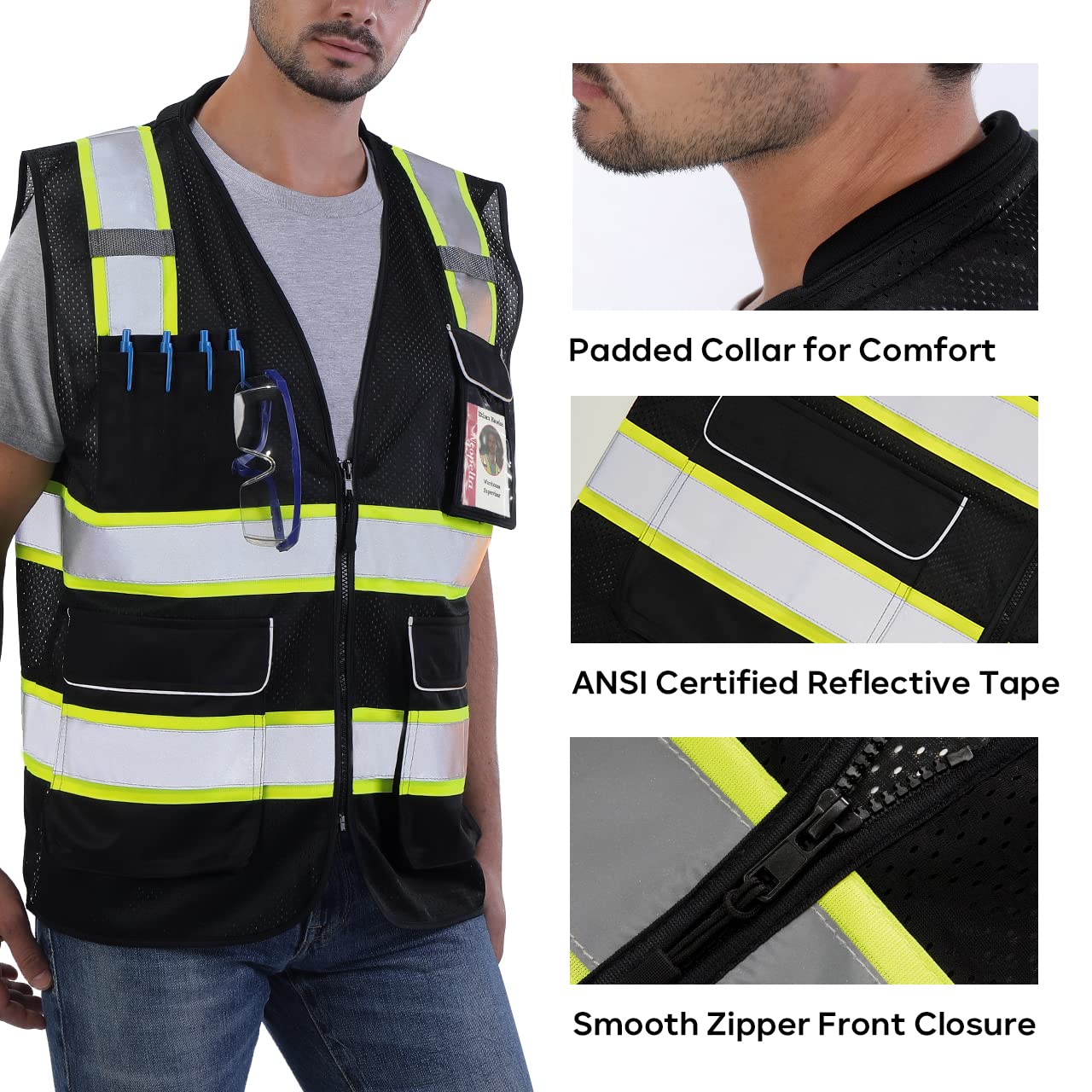 Neopelta Reflective Safety Vest Black Mesh, High Visibility Vest with Pockets and Zipper, Padded Neck, Black with Yellow Trim L