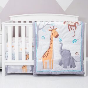 the hōmistry jungle friends crib bedding set for boys or girls | 3-piece - crib quilt, fitted sheet, crib skirt