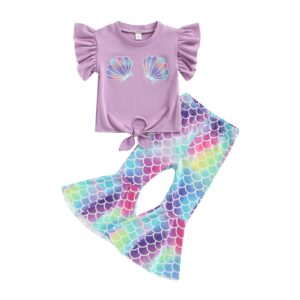 toddler kid baby girls outfits fly sleeve shell crop tops t-shirt mermaid flared pants summer birthday clothes 1-6t (purple, 3-4t)