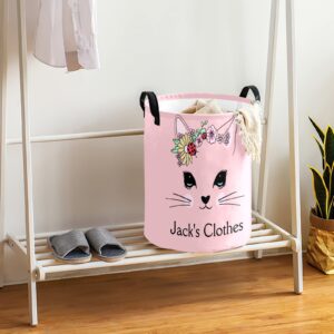 Cute Cat Personalized Freestanding Laundry Hamper, Custom Waterproof Collapsible Drawstring Basket Storage Bins with Handle for Clothes