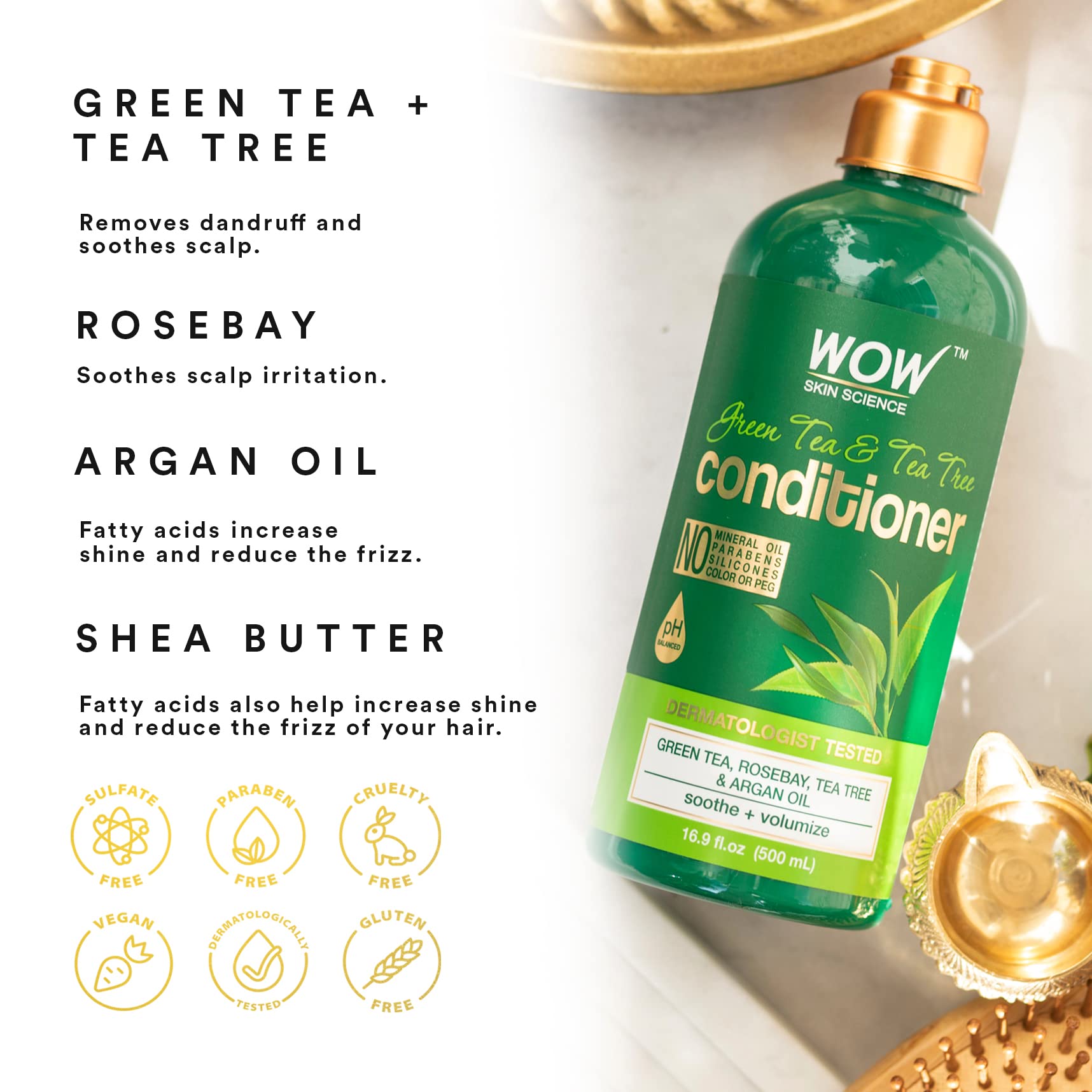 WOW Skin Science Green Tea & Tea Tree Conditioner - Anti-Dandruff, Anti-thinning - Detox Hair and Exfoliate Scalp - Hair Thickening - Paraben & Sulfate Free- All Hair Types (16.9 Fl Oz / 500ml)