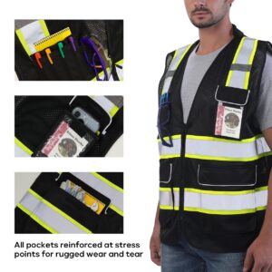 Neopelta Reflective Safety Vest Black Mesh, High Visibility Vest with Pockets and Zipper, Padded Neck, Black with Yellow Trim L