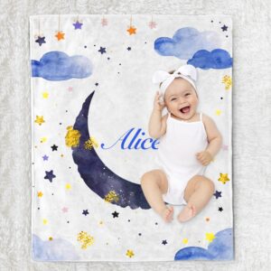 Custom Baby Blanket with Name for Boys Girls, Personalized Soft Flannel Baby Blanket, Customized Gifts for Newborn Baby Shower Kids Birthday - Blue Moon 40X50inches