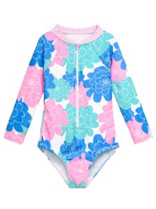 american trends toddler one piece swimsuits girl rash guard long sleeve zipper bathing suits for girls colorful flower 4-5 years