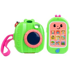 cocomelon musical cell phone & camera 2-pack - interactive pretend tech learning toy w/ lights, sounds & music - officially licensed - christmas stocking stuffer gift for preschoolers and kids - 2+