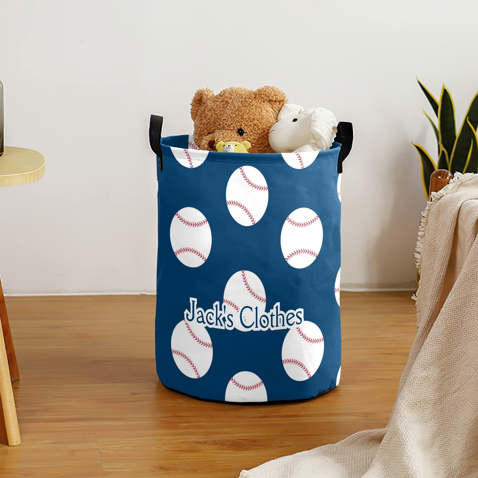 Grandkli American Sport Baseball Personalized Freestanding Laundry Hamper, Custom Waterproof Collapsible Drawstring Basket Storage Bins with Handle for Clothes, Toy, 50cm x 36cm