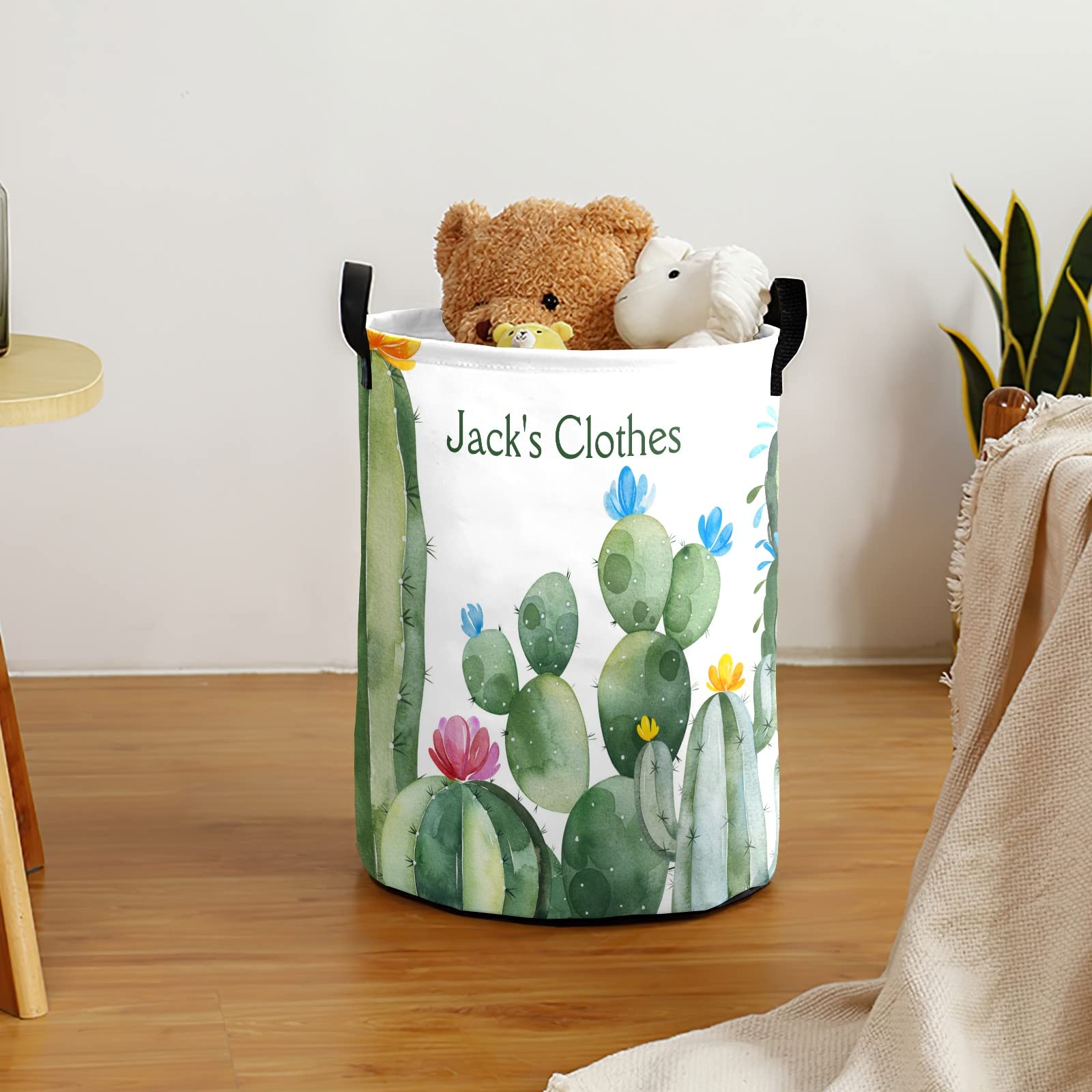 Grandkli Green Cactus Succulents Flowers Personalized Freestanding Laundry Hamper, Custom Waterproof Collapsible Drawstring Basket Storage Bins with Handle for Clothes, Toy, 50cm x 36cm