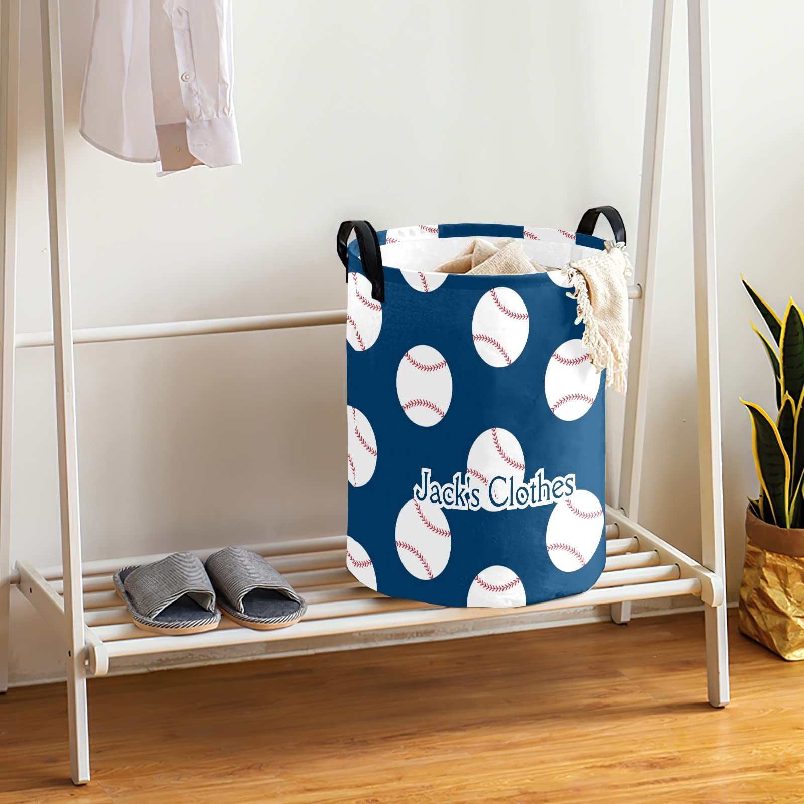 Grandkli American Sport Baseball Personalized Freestanding Laundry Hamper, Custom Waterproof Collapsible Drawstring Basket Storage Bins with Handle for Clothes, Toy, 50cm x 36cm