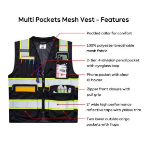 Neopelta Reflective Safety Vest Black Mesh, High Visibility Vest with Pockets and Zipper, Padded Neck, Black with Yellow Trim L