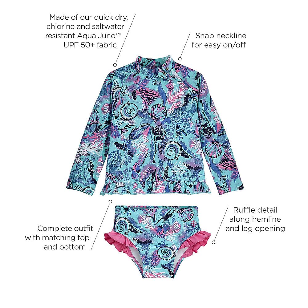 Coolibar UPF 50+ Baby Guppy Ruffle Rash Guard Set - Sun Protective (2T- Tropical Orchid Sweet Vacay)