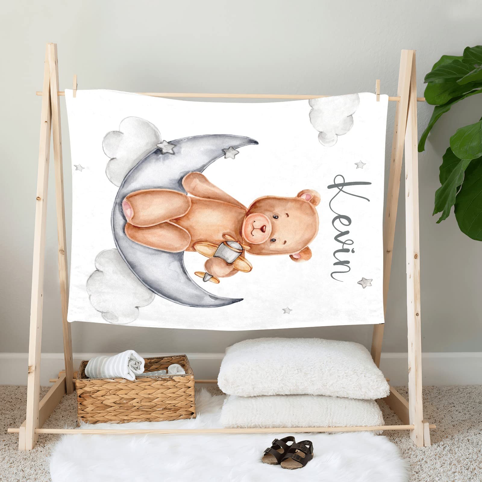 Teddy Bear Sits on Moon Personalized Baby Blanket for Baby Girl Boy, Custom Name Soft Warm Newborn Throw Blanket 30X40 in