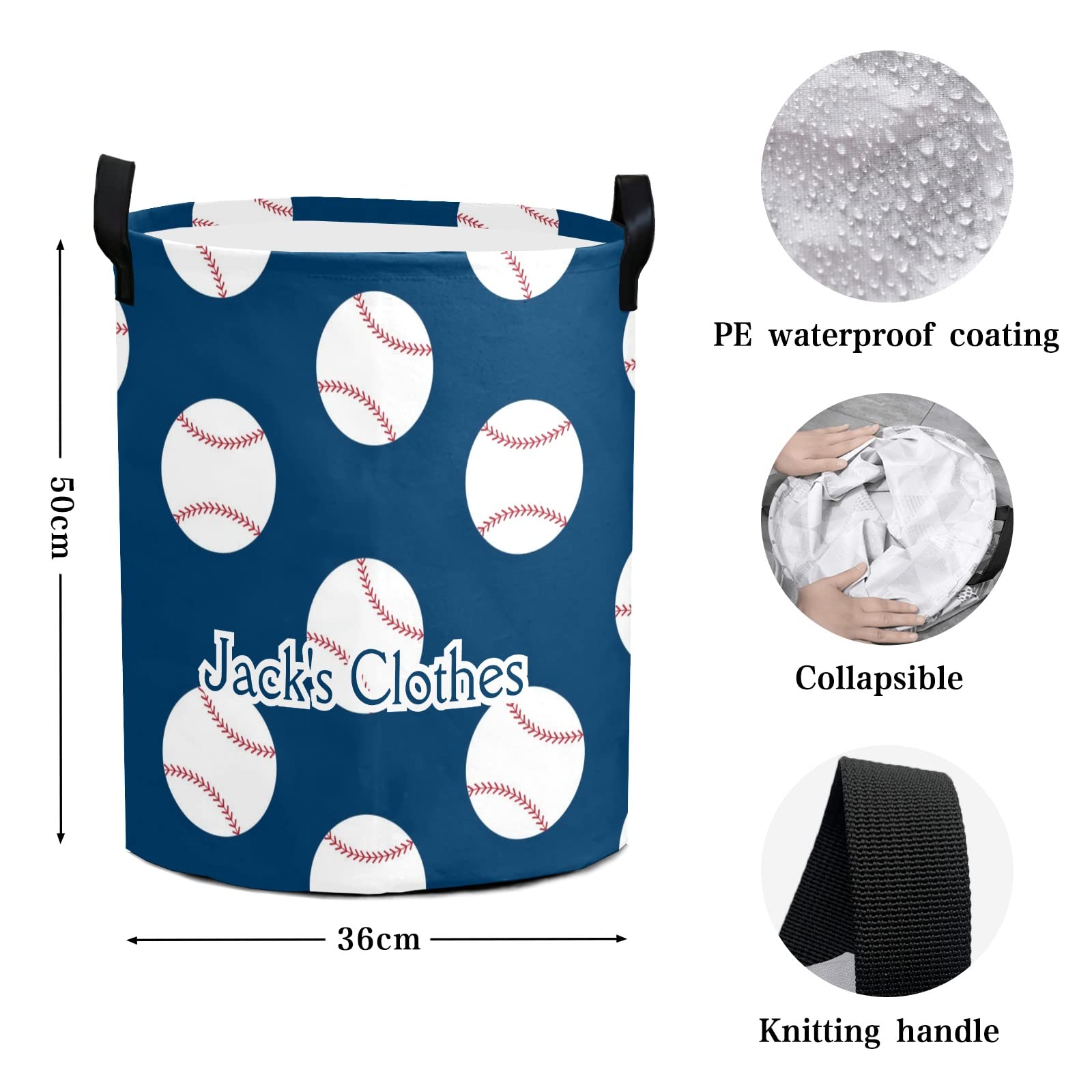 Grandkli American Sport Baseball Personalized Freestanding Laundry Hamper, Custom Waterproof Collapsible Drawstring Basket Storage Bins with Handle for Clothes, Toy, 50cm x 36cm