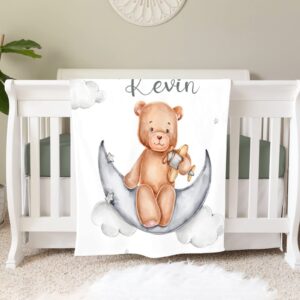 Teddy Bear Sits on Moon Personalized Baby Blanket for Baby Girl Boy, Custom Name Soft Warm Newborn Throw Blanket 30X40 in