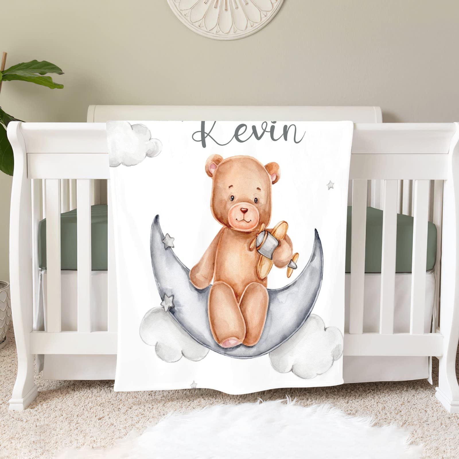 Teddy Bear Sits on Moon Personalized Baby Blanket for Baby Girl Boy, Custom Name Soft Warm Newborn Throw Blanket 30X40 in