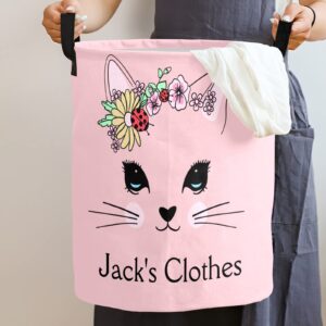 Cute Cat Personalized Freestanding Laundry Hamper, Custom Waterproof Collapsible Drawstring Basket Storage Bins with Handle for Clothes