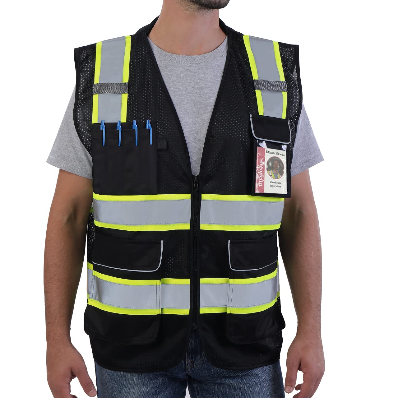 Neopelta Reflective Safety Vest Black Mesh, High Visibility Vest with Pockets and Zipper, Padded Neck, Black with Yellow Trim L