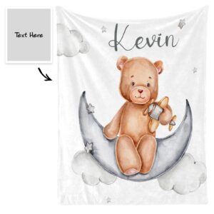 Teddy Bear Sits on Moon Personalized Baby Blanket for Baby Girl Boy, Custom Name Soft Warm Newborn Throw Blanket 30X40 in