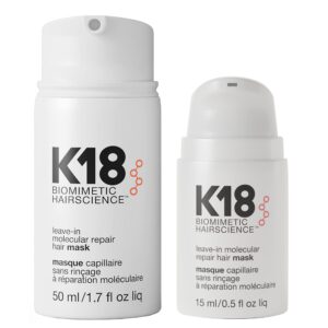 k18 leave-in repair hair mask, 4-minute speed treatment, renews hair damage from color, chemical services heat (1 of each 50ml & 15ml).