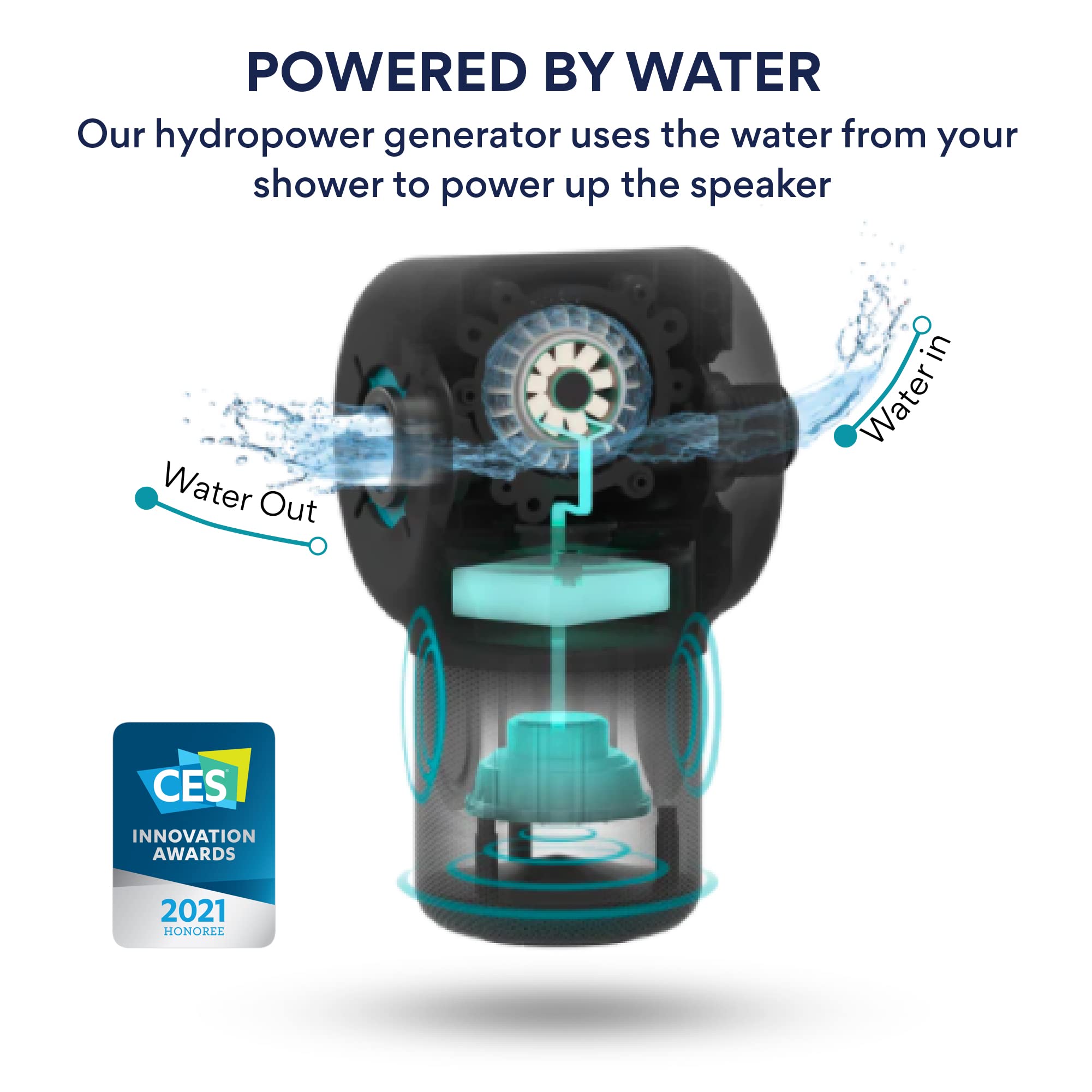 Ampere Shower Power - Hydropower Bluetooth Shower Speaker, Waterproof Detachable Portable, Rechargeable Mini Speaker (Chrome)