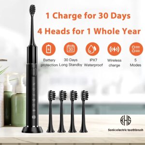 KHS Sonic Electric Toothbrush for Adults, Sonic Toothbrush with 5 Modes Tooth Brush Electric Set with 4 Brush Heads, Rechargeable Electric Toothbrush with 2 Min Smart Timer