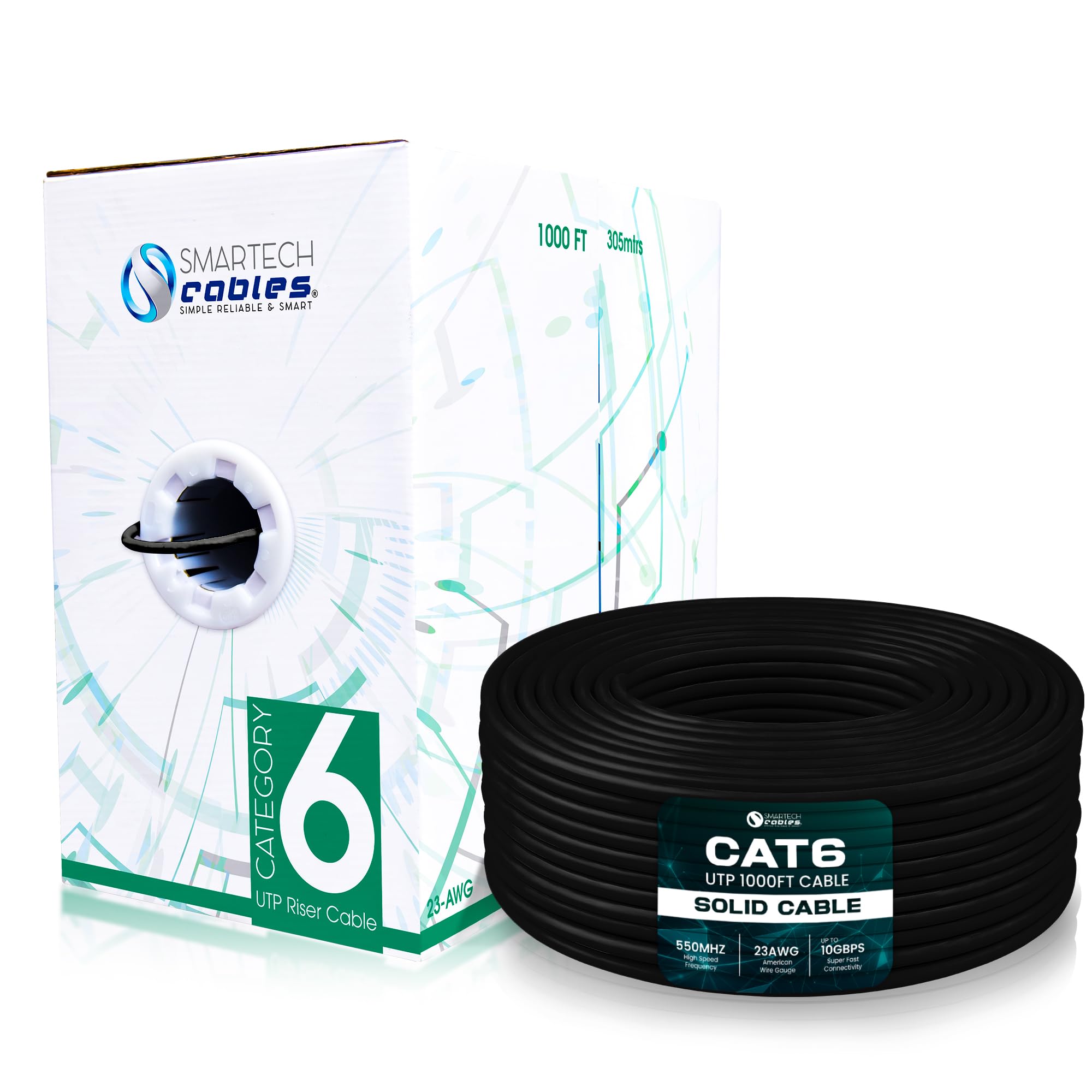 SmarTech Cables Cat 6 Cable 1000ft (Riser) - UTP 4 Pair Solid Conductor, Easy to Install Cat6 Riser 1000ft, High Speed 10 Gbps, 23 AWG Cat6 1000ft Ethernet Cable, Certified Bulk Cat6 Cable 1000ft