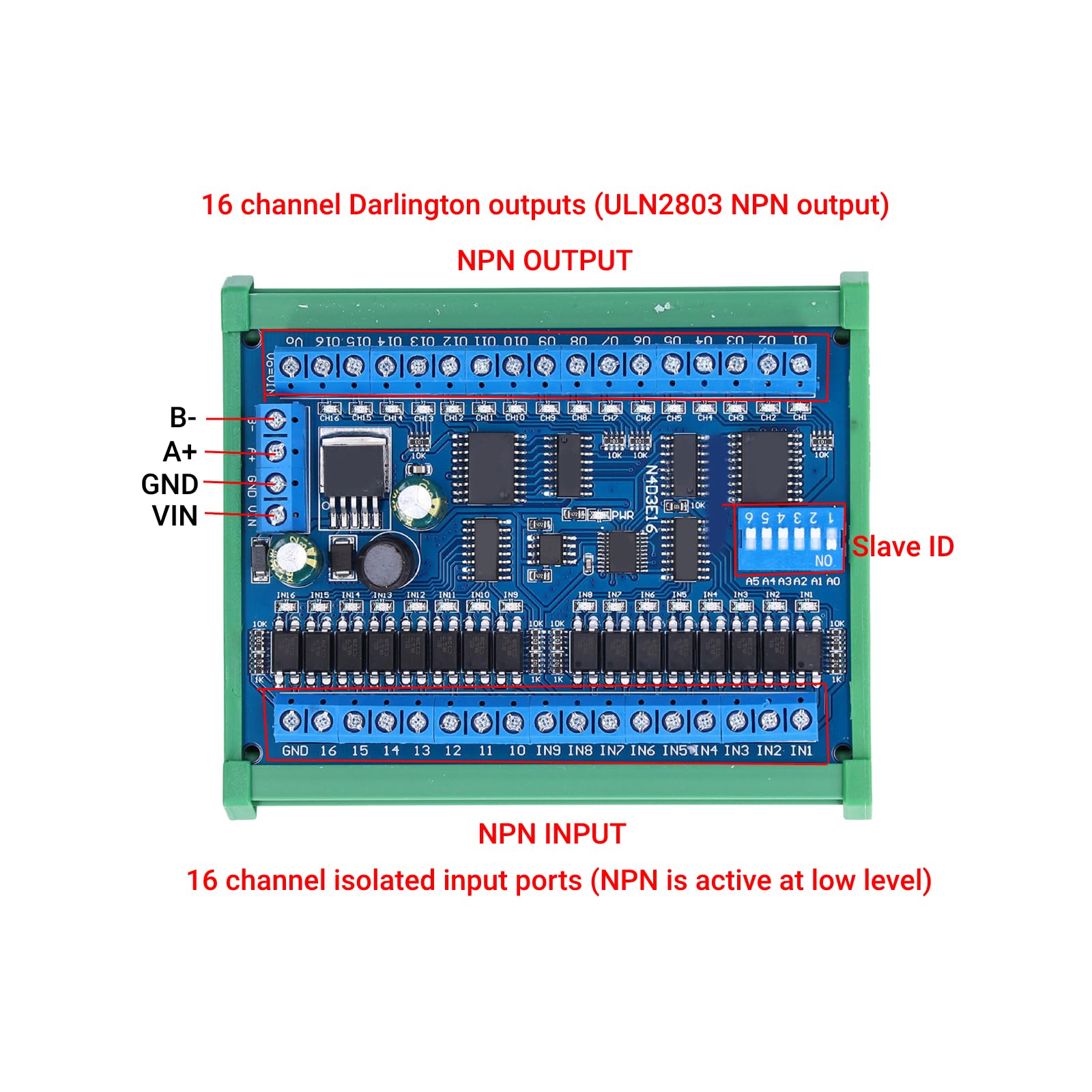 16 Input 16 Output Expansion Board RS485 16 Channel Remote Control Switch Module PLC IO Module DC 6.5‑30V for Smart Home(with Shell)