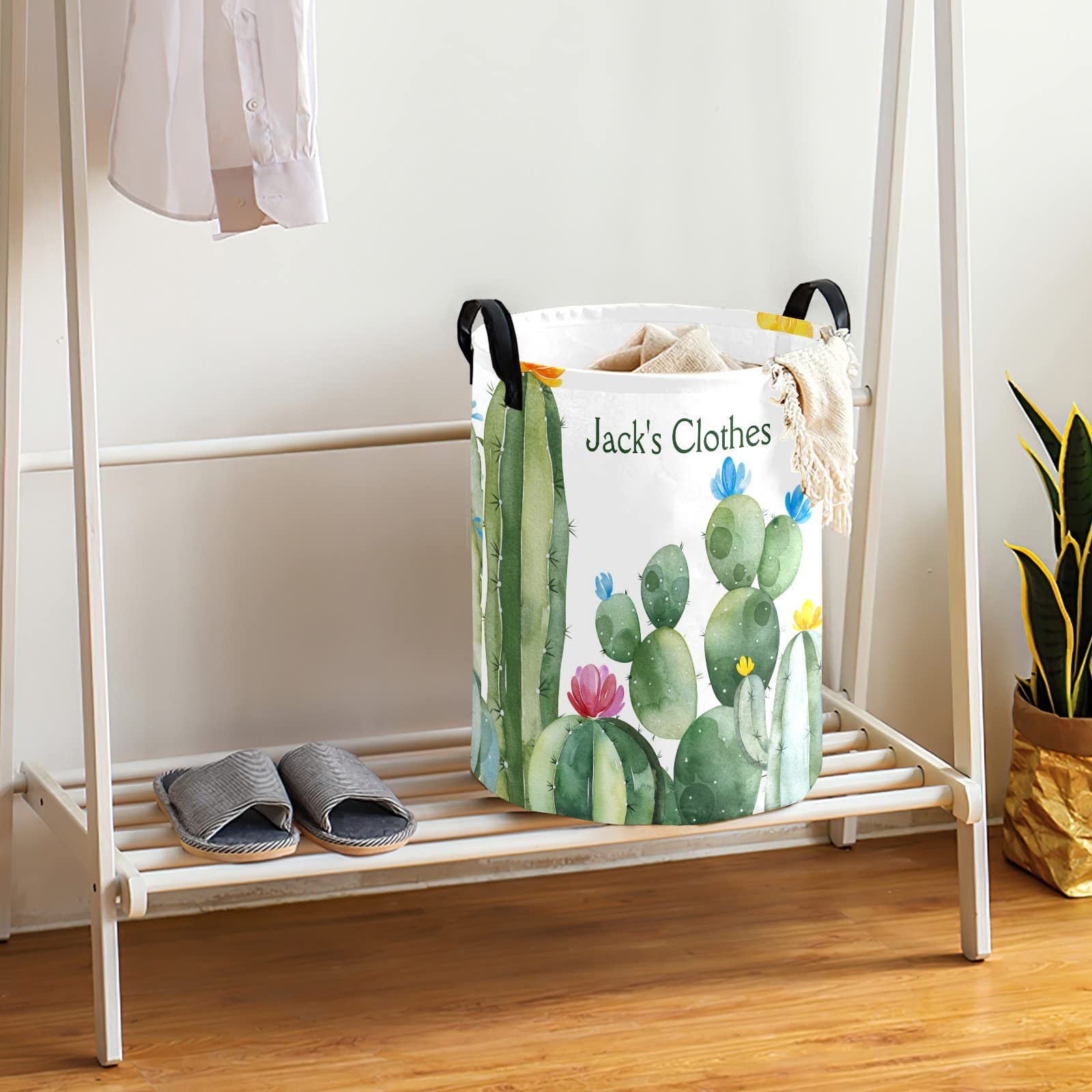 Grandkli Green Cactus Succulents Flowers Personalized Freestanding Laundry Hamper, Custom Waterproof Collapsible Drawstring Basket Storage Bins with Handle for Clothes, Toy, 50cm x 36cm