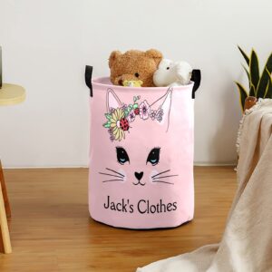 Cute Cat Personalized Freestanding Laundry Hamper, Custom Waterproof Collapsible Drawstring Basket Storage Bins with Handle for Clothes