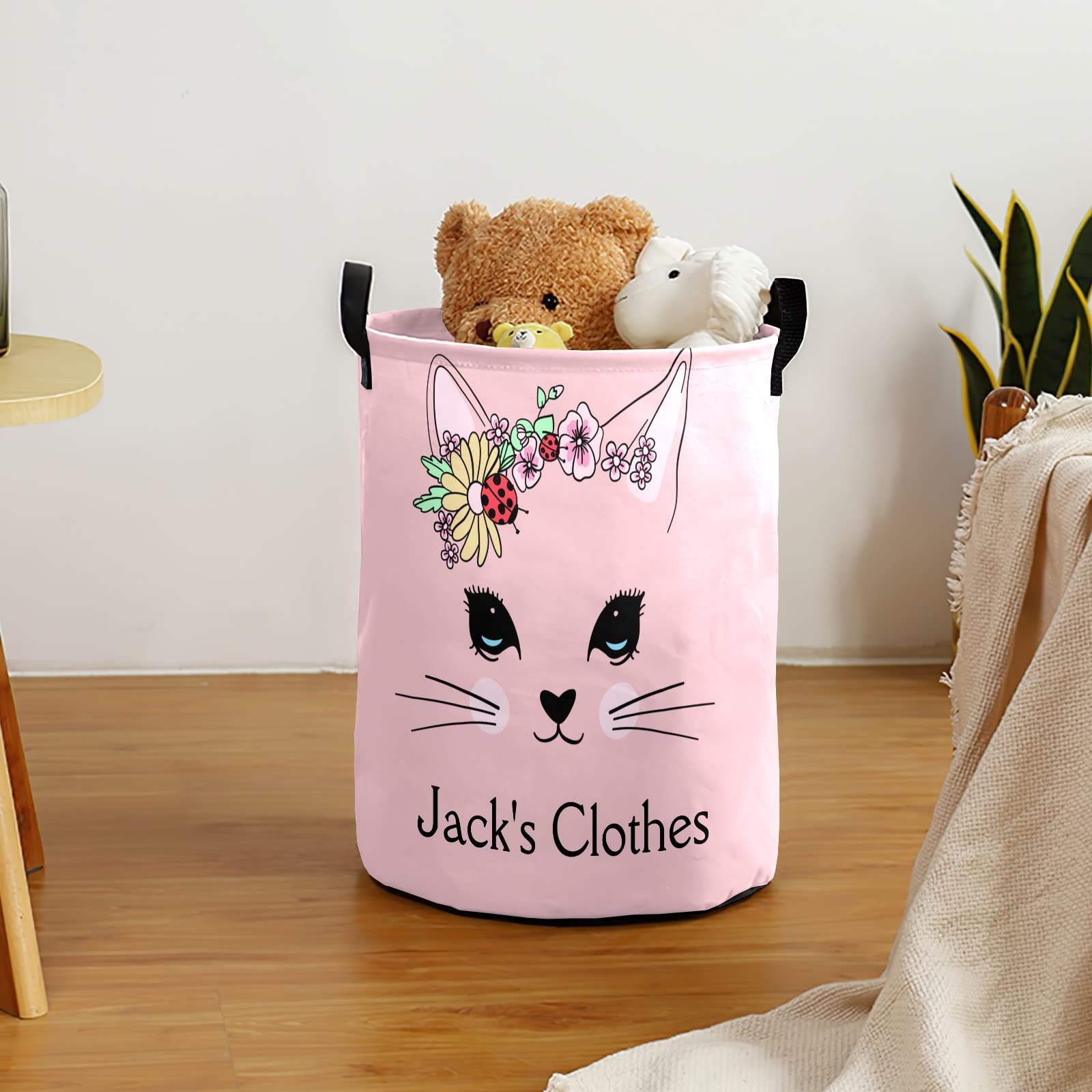 Cute Cat Personalized Freestanding Laundry Hamper, Custom Waterproof Collapsible Drawstring Basket Storage Bins with Handle for Clothes