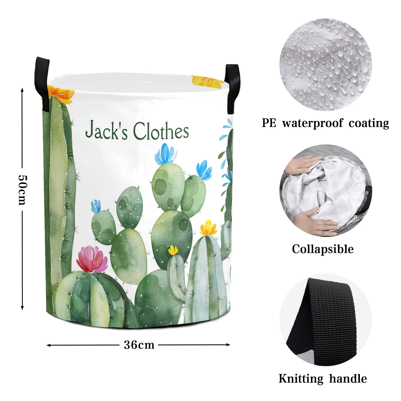 Grandkli Green Cactus Succulents Flowers Personalized Freestanding Laundry Hamper, Custom Waterproof Collapsible Drawstring Basket Storage Bins with Handle for Clothes, Toy, 50cm x 36cm