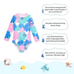 American Trends Toddler One Piece Swimsuits Girl Rash Guard Long Sleeve Zipper Bathing Suits for Girls Colorful Flower 4-5 Years