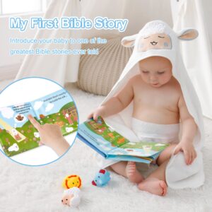 My First Noahs Ark 7 pcs Baptism Gift Set, Dedication, Christening and Baptism Gifts for Boys and Newborn Baby, Includes Washcloth and Hooded Towel, Baby Bath Book, 3 Bath Toys and Gift Bag