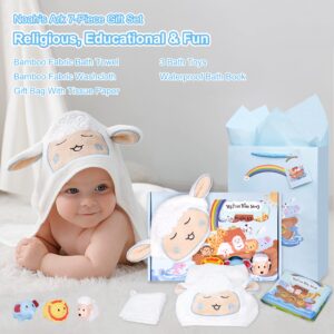 My First Noahs Ark 7 pcs Baptism Gift Set, Dedication, Christening and Baptism Gifts for Boys and Newborn Baby, Includes Washcloth and Hooded Towel, Baby Bath Book, 3 Bath Toys and Gift Bag