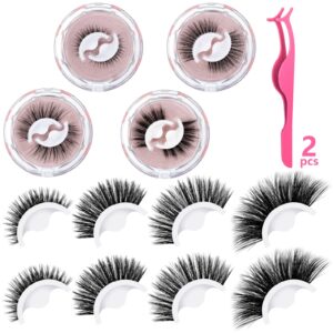 reusable self adhesive eyelashes lashes no glue or eyeliner needed easy to put on, stable non slip waterproof false lashes with 2 eyelash tweezers for women makeup gift, 4 pairs (regular style)