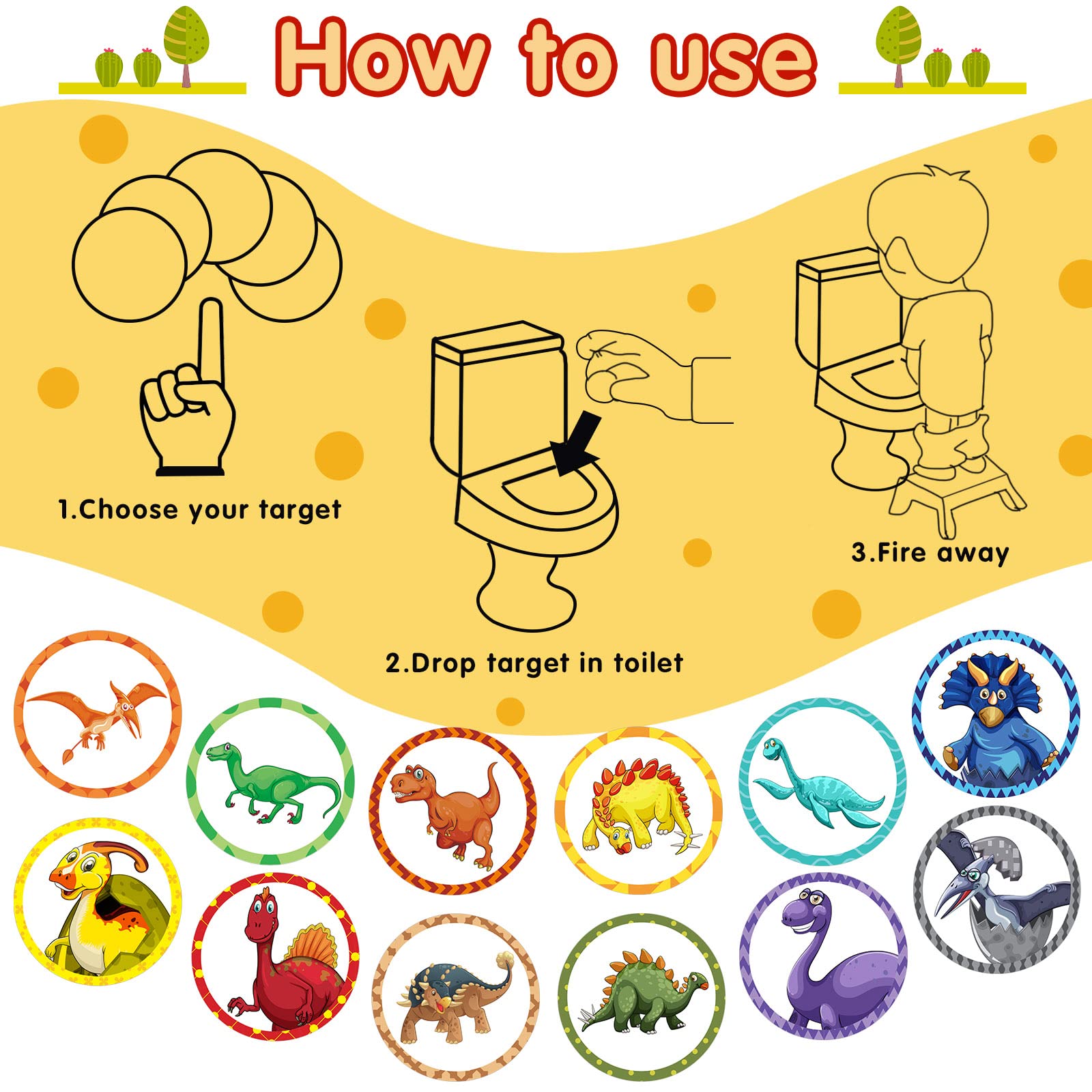 120 Pcs Toilet Targets for Boys Training Flushable Dinosaur Targets Potty Training Boys Pee Targets for Boys Training Toilet Target Stickers Dinosaur Potty Training Seat for Boys Training Use