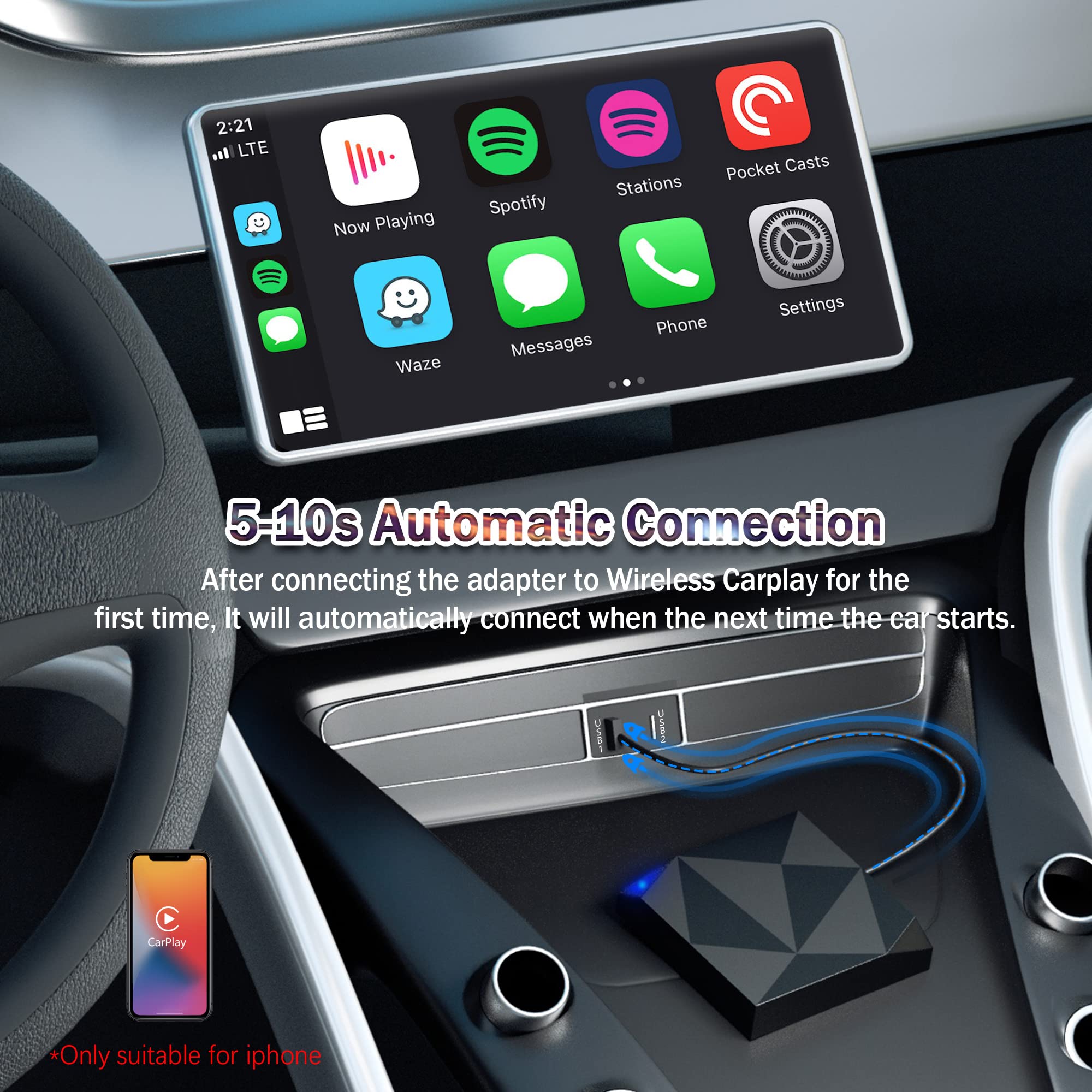 Wireless CarPlay Adapter for iPhone - 2022 Upgrade Wired to Wireless Apple Carplay Dongle, 5GHz WiFi, Low Latency, Easy-to-Install, Plug & Play (U2-Air)