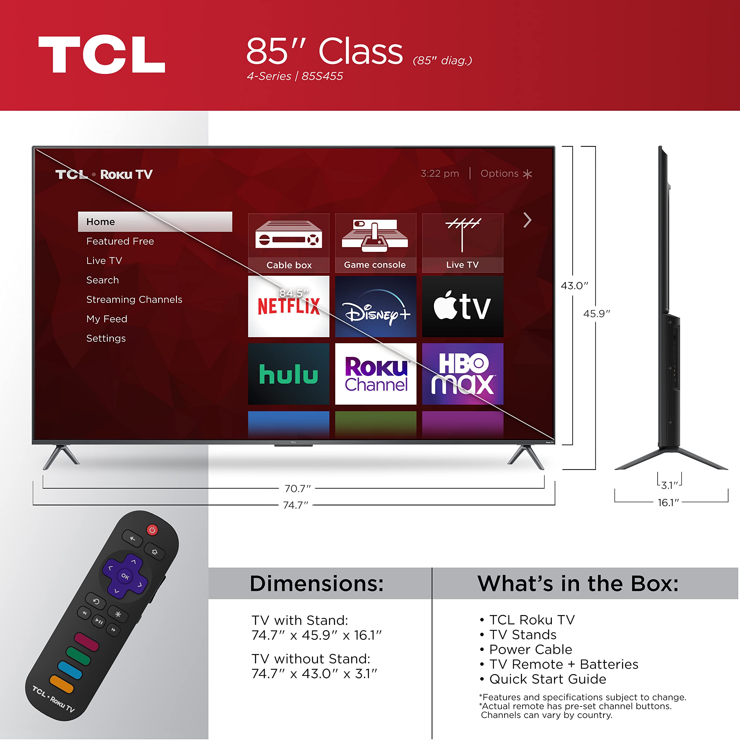 TCL 85" Class 4-Series 4K UHD HDR Smart Roku TV – 85S455