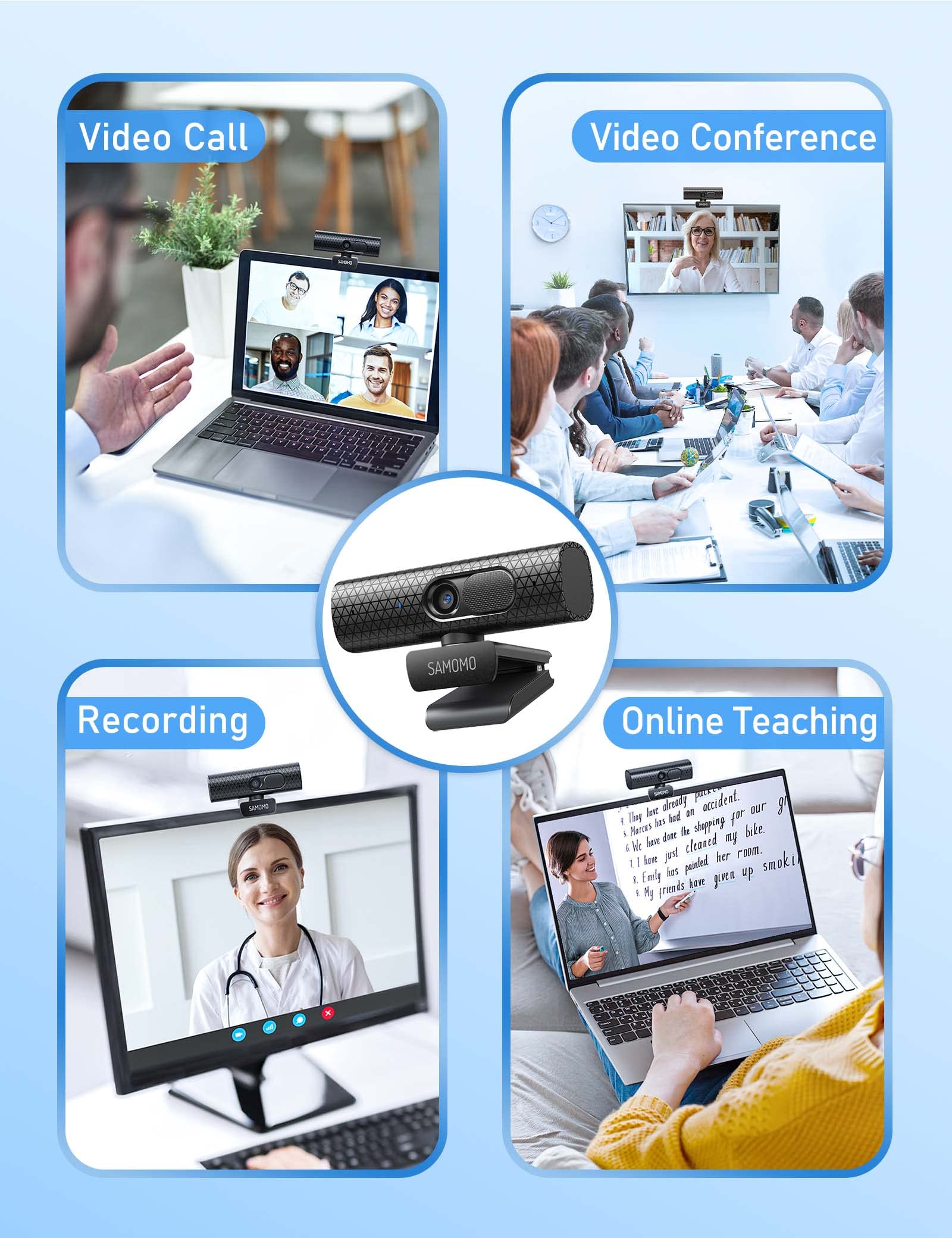 SAMOMO Webcam with Dual Microphones, 1080P Full HD Computer Camera for Laptop/Desktop, Autofocus, Privacy Cover, Auto Light Correction, USB Web Cam for Video, Teaching, Streaming and Gaming