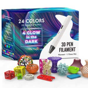 24 Colors 3D Pen Filament. Includes 20 Vibe Colors and 4 Glow in Dark Colors. 10 Feet, 1.75mm Each. PLA Kids Safe Refill