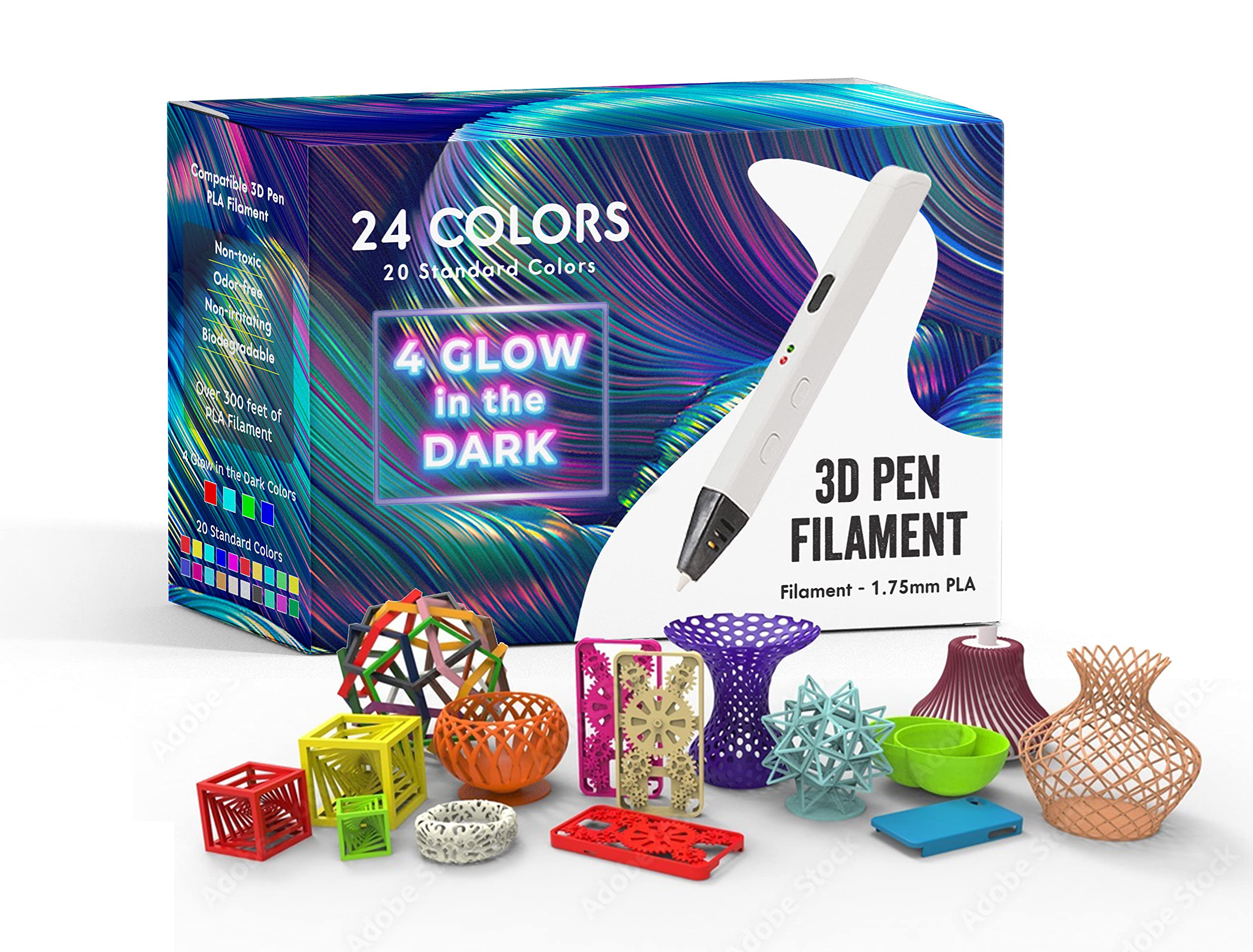 24 Colors 3D Pen Filament. Includes 20 Vibe Colors and 4 Glow in Dark Colors. 10 Feet, 1.75mm Each. PLA Kids Safe Refill