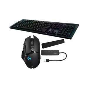 logitech g g915 lightspeed wireless rgb mechanical gaming keyboard (gl tactile) bundle with wireless gaming mouse, mx palm rest and 4-port usb 3.0 hub (4 items)