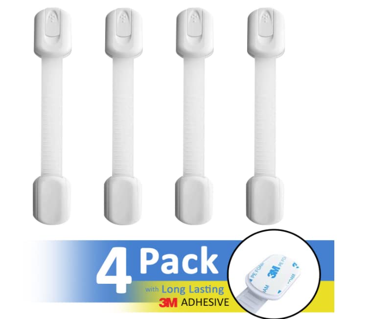 Clean Air Guard Child Safety Strap Locks (4 Pack) - Cabinet Locks for Babies - Fridge, Cabinets, Drawers, Dishwasher, Toilet, 3M Adhesive No Drilling - Baby proofing - Child Proof Cabinet latches